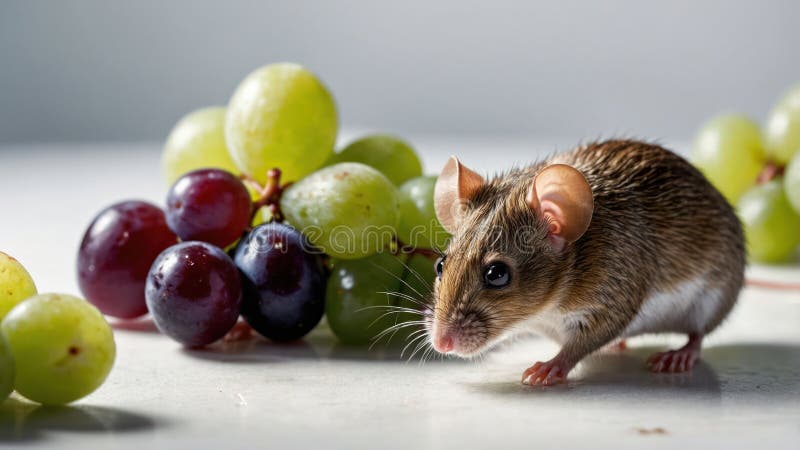 A Small Mouse Explores a Cluster of Green and Red Grapes on a Surface ...