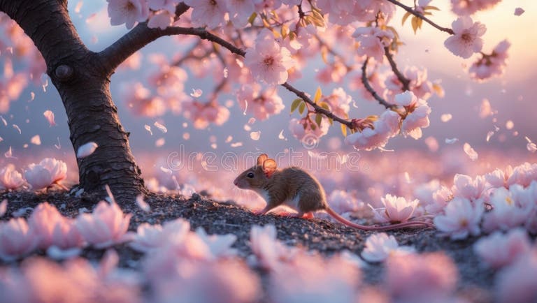 Adorable Mouse Amidst Falling Cherry Blossoms at Sunset Stock ...