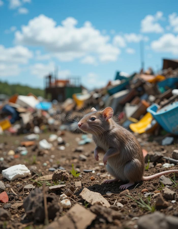 A Small Mouse among the Garbage and Waste in a Landfill, Surrounded by ...