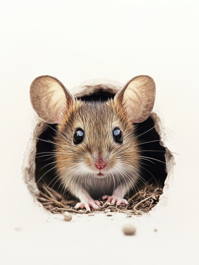 Curious Mouse Peeks from a Small Burrow in a Simple White Environment ...