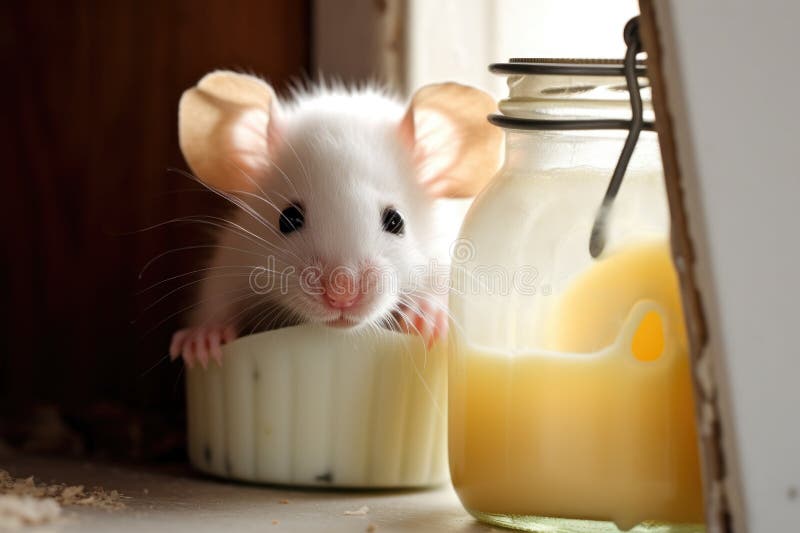 A Small Mouse Peeping Out from Behind a Milk Bottle in the Fridge Stock ...
