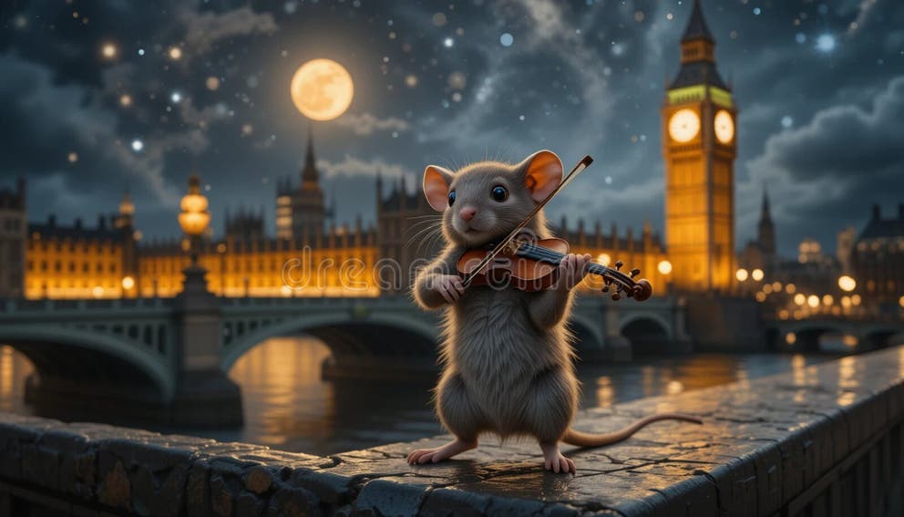 A Small Mouse Plays a Violin on a Stone Ledge by a River at Night. in ...