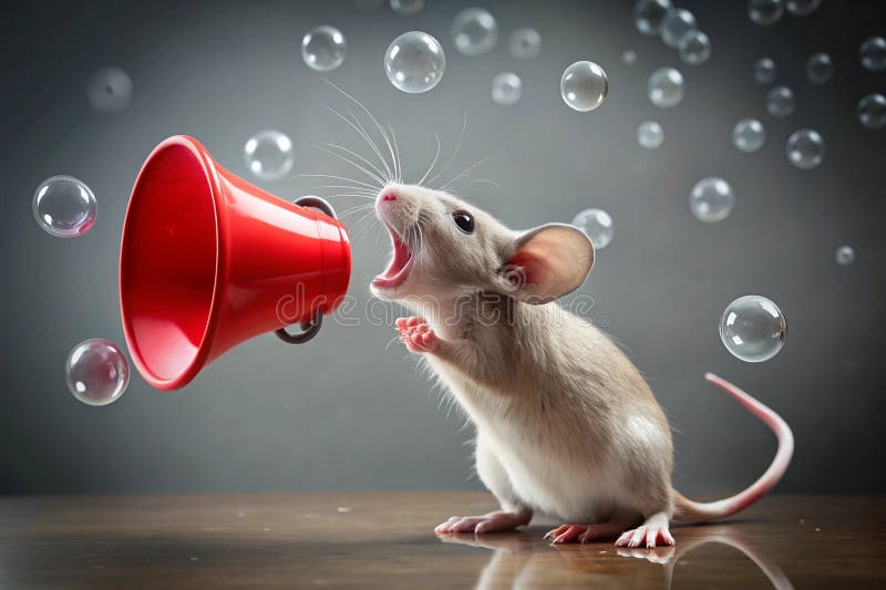 A Small Mouse Shouting into a Red Megaphone with Bubbles Floating in ...