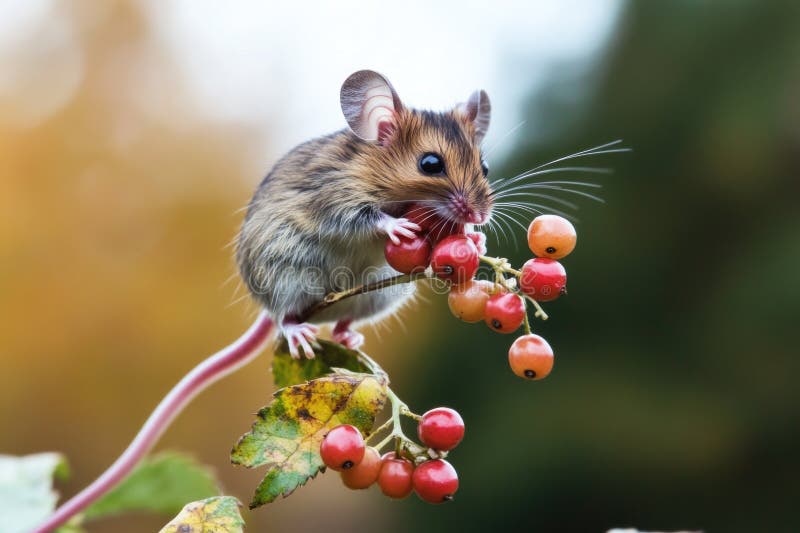 A Small Mouse Sits Atop a Tree Branch, Munching on Juicy Berries Stock ...