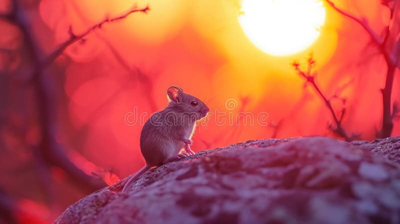 A Small Mouse Sitting on Top of a Rock in Front of the Sun, AI Stock ...