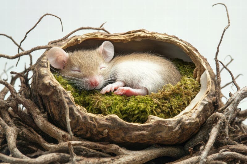 Small Mouse Sleeping Peacefully in a Cozy Nest Made of Twigs and Moss ...