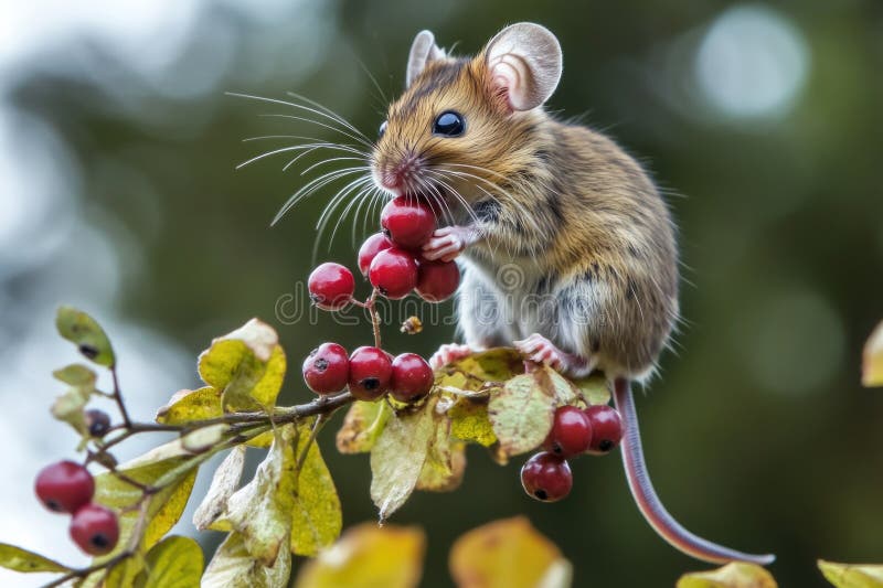 A Small Mouse Snacking on Juicy Berries Growing on a Tree Branch ...