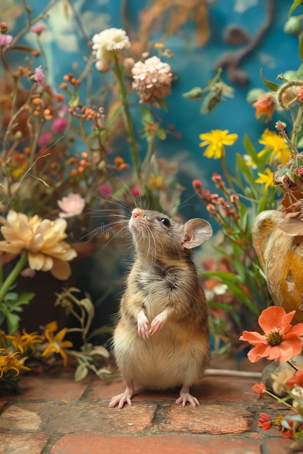 A Small Mouse Standing on Its Hind Legs in Front of Flowers. Generative ...