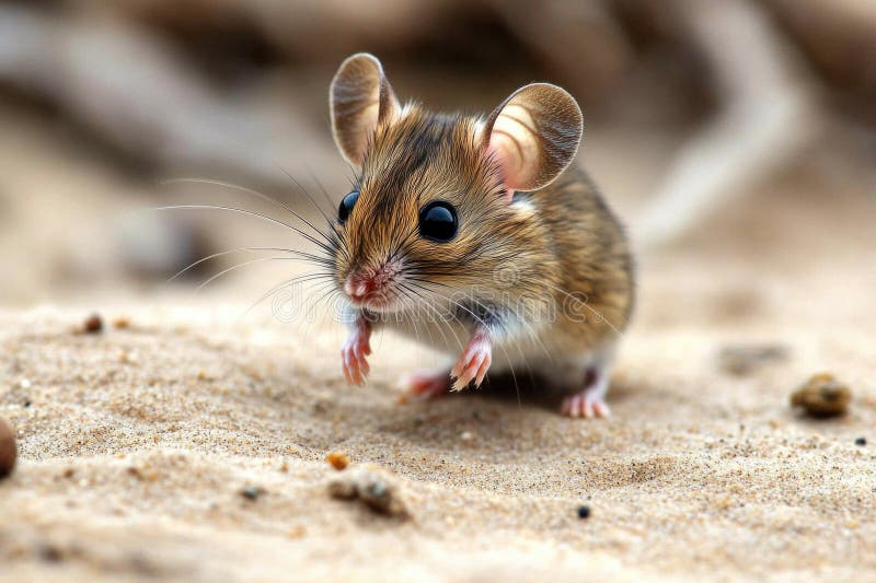 A Small Mouse Stands on the Surface of a Sandy Ground, Looking Around ...