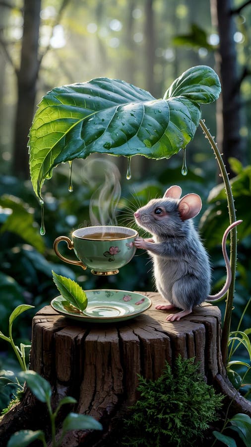 A Small Mouse Stands on a Tree Stump, Holding a Steaming Cup Beneath a ...