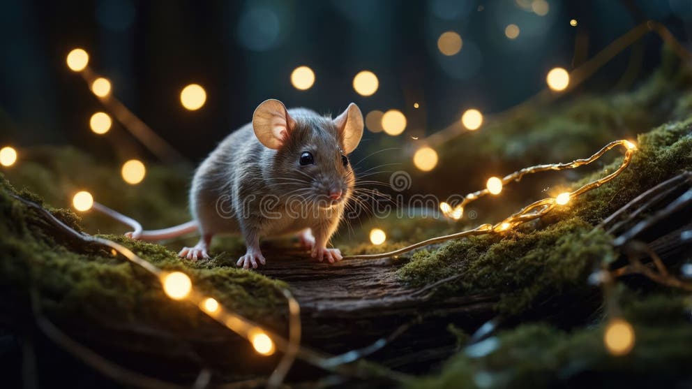 Adorable Grey Mouse among Fairy Lights on Mossy Log Stock Illustration ...