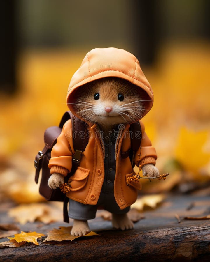 A Small Mouse Wearing an Orange Jacket and Backpack Stock Illustration ...