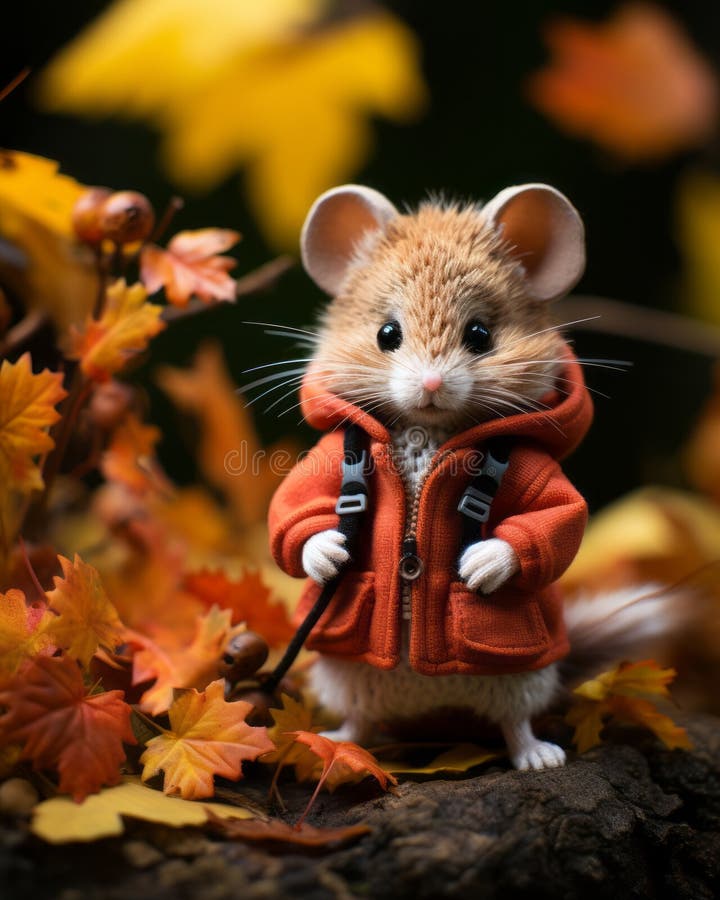 A Small Mouse Wearing an Orange Jacket and Holding a Backpack Stock ...