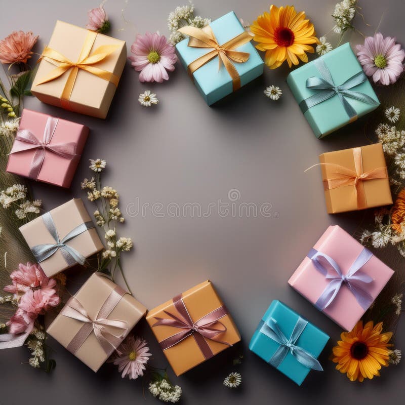 Small Multi Coloured Gift Boxes and Flowers Along the Frame Stock ...