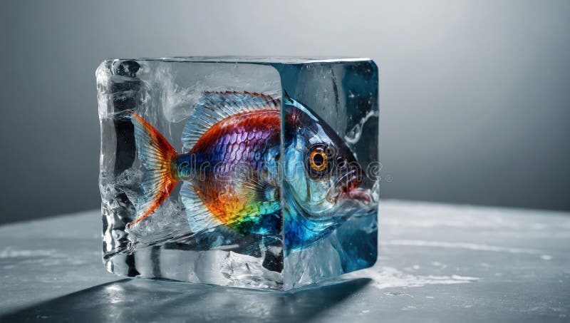 Small Multicolored Fish Trapped in an Ice Coffin Floating in the Void ...