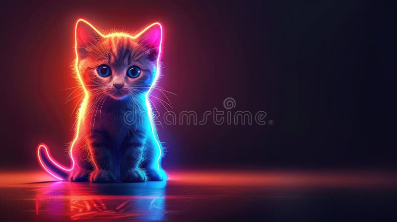 A Small Neon-lit Kitten Sitting and Glowing in Red and Blue Light ...