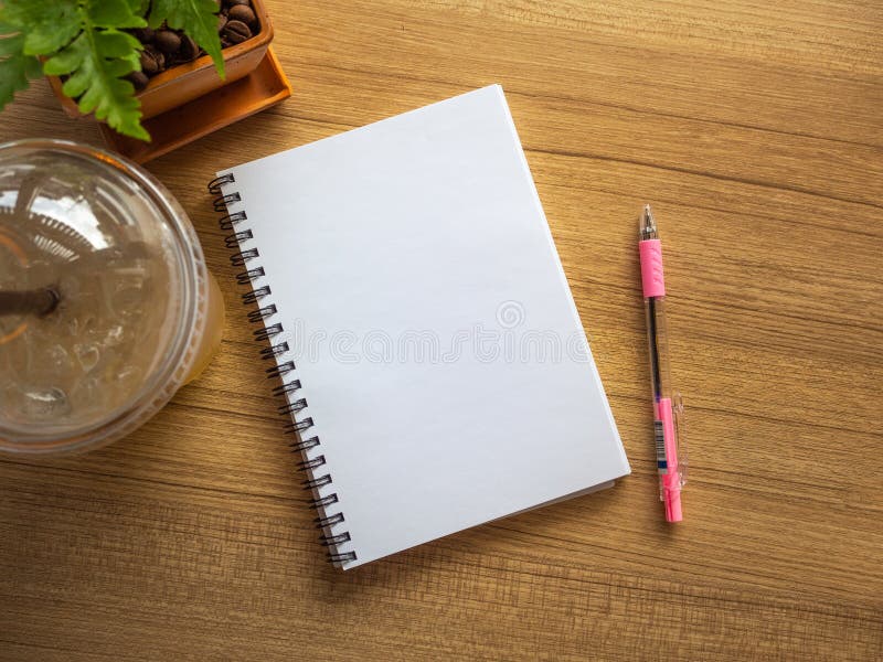 Small Notebook on Wood Table. Opened Small Notebook, White Paper, No ...