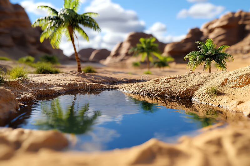 A Small Oasis in the Desert with Palm Trees and a Clear Blue Pool of ...