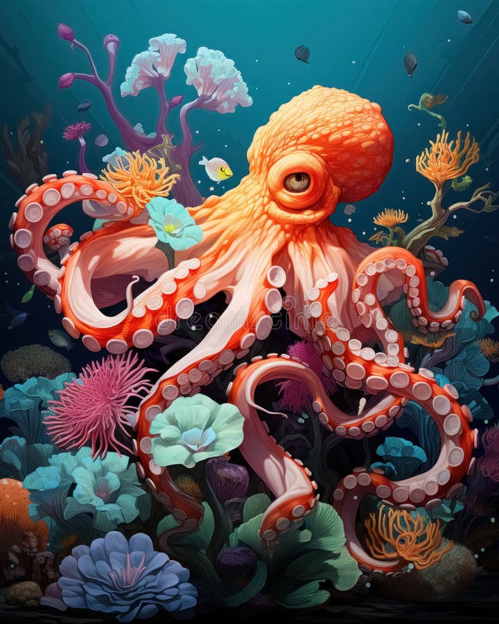 Small Octopus Surrounded by Beautiful Shells and Corals on the Seabed ...