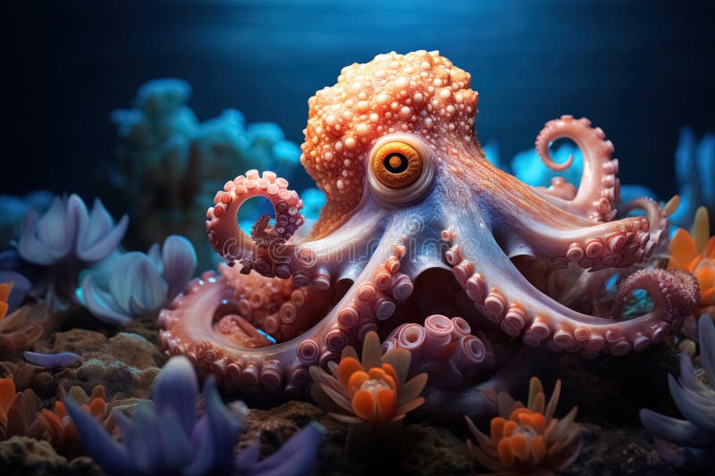 Small Octopus Surrounded by Beautiful Shells and Corals on the Seabed ...