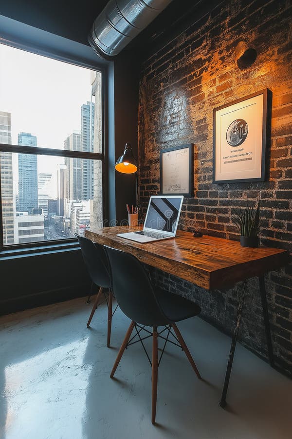 A Small Office with a Brick Wall and a Window. a Laptop is on the Desk ...