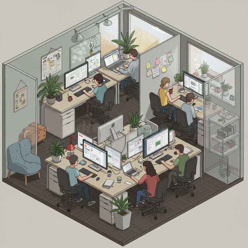 Small Office Setting with Six Individuals Working at Desks, Each ...