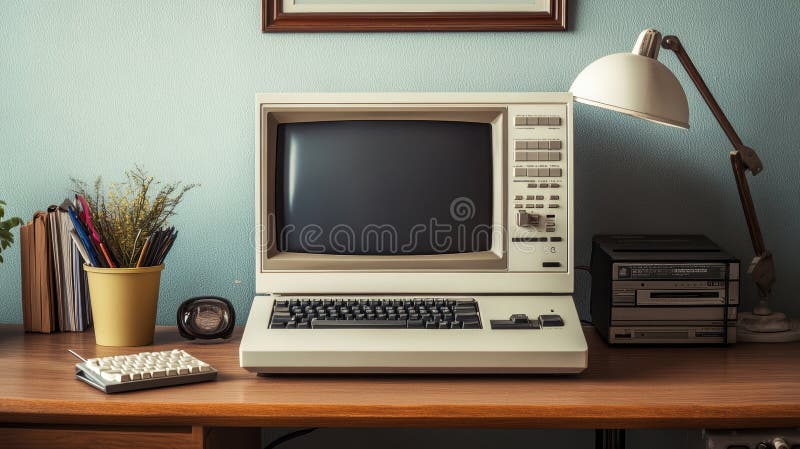 A Small Old Computer Sitting on Top of a Wooden Desk Stock Illustration ...