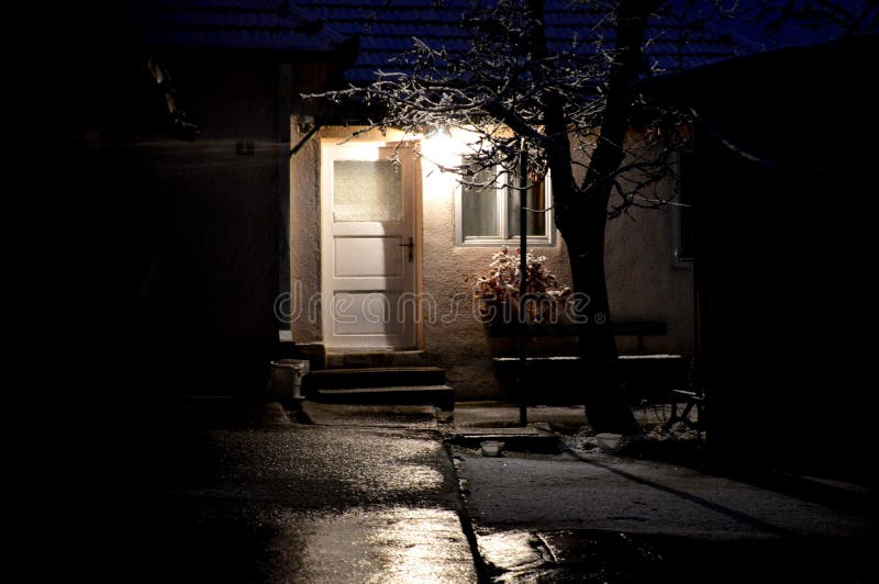Small old house at night stock image. Image of tree - 108739421