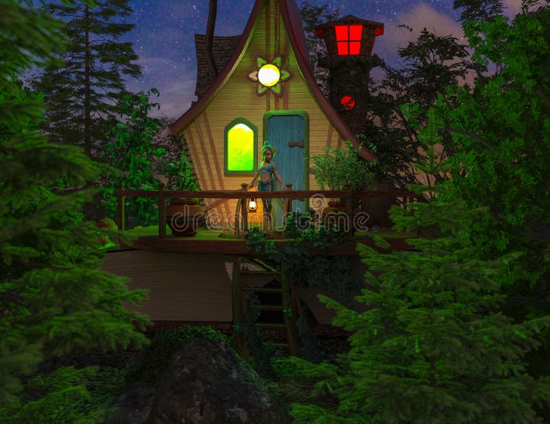 Small Old Magic Fairy or Elf House in the Forest at the Night Stock ...