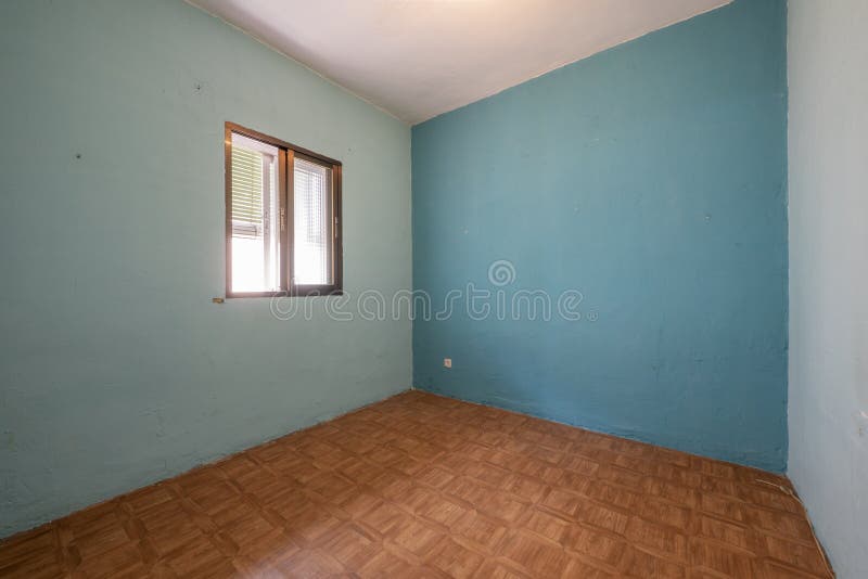 Small Old Ugly Room with Tile Floor and Walls Painted Two Tone Blue ...