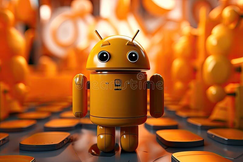 A Small Orange Android Robot on an Abstract Background Stock ...