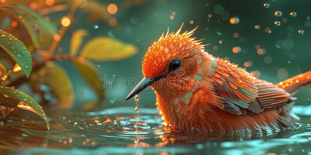 Small Orange Bird Bathing in Water Close Up. Stock Photo - Image of ...
