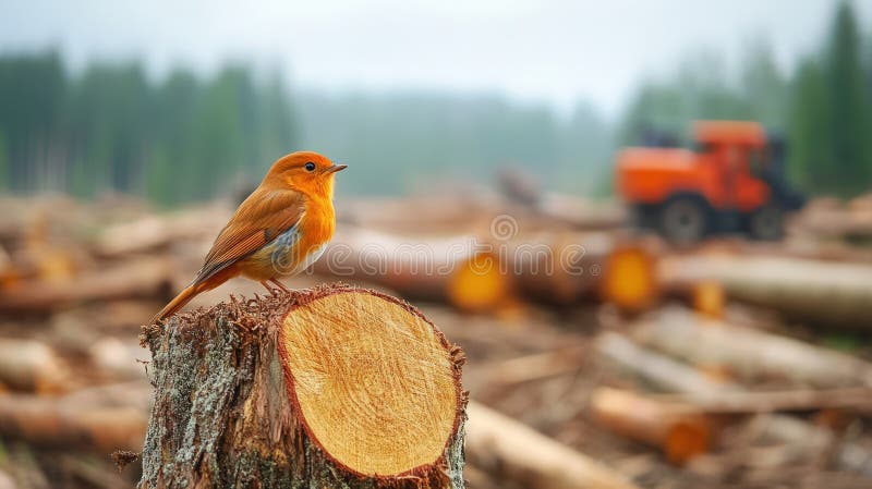 Small Orange Bird Perched on Tree Stump in Deforestation Area, Copy ...