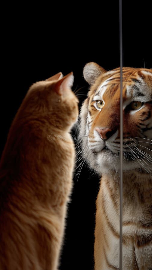 Small Orange Cat Gazes at Its Reflection, Which Appears As Tiger ...