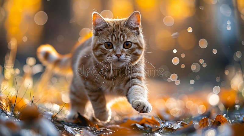 A Small Orange Cat Running through the Leaves in the Woods Stock Image ...