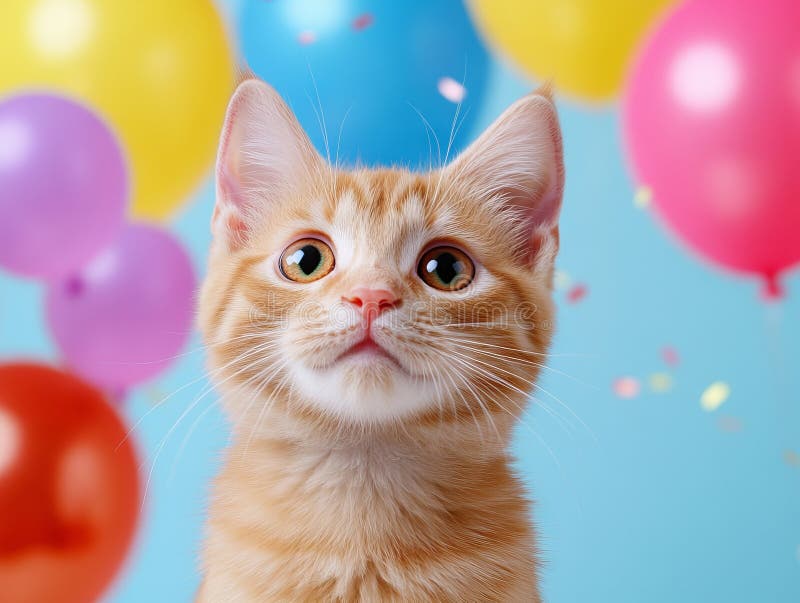 A Small Orange Cat Sitting in Front of a Bunch of Balloons Stock Photo - Image of expression ...