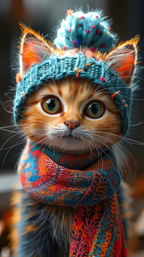 A Small Orange Cat Wearing a Knitted Hat and Scarf Stock Image - Image ...
