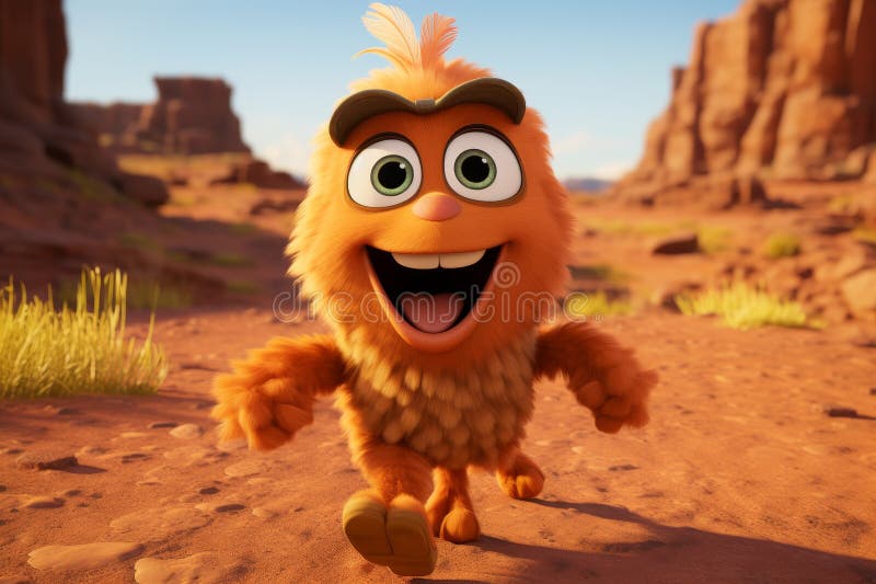 Small Orange Fluffy Bird Character Walking in the Desert Smiling at the ...