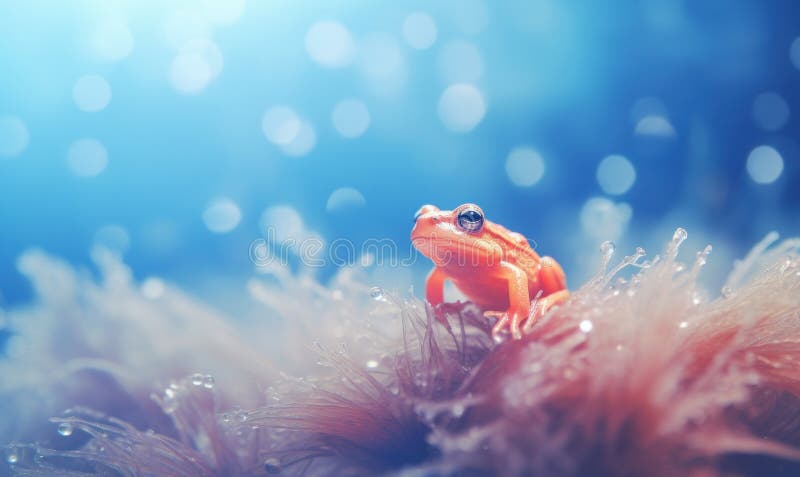 A Small Orange Frog Sitting on Top of Some White Feathers, AI Stock ...