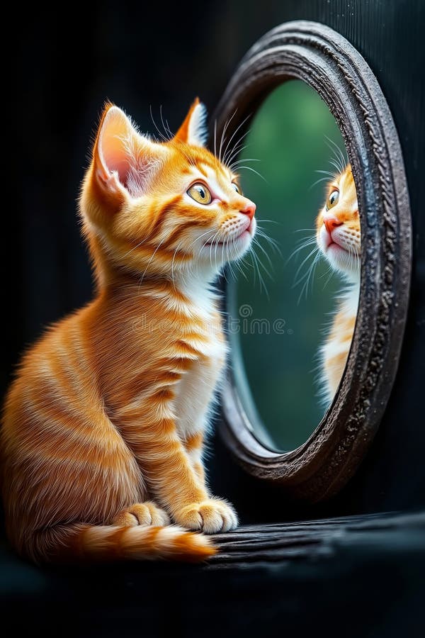 A Small Orange Kitten Looking at Itself in a Mirror Stock Image - Image ...
