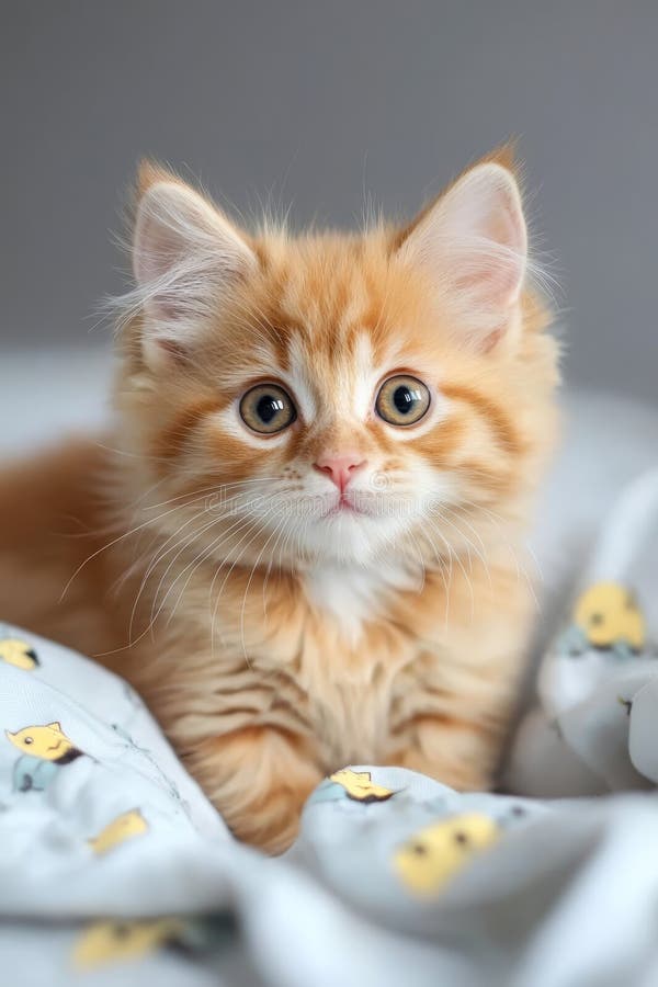 A Small Orange Kitten Sits Atop a Bed, Nestled beside a Bear Blanket ...