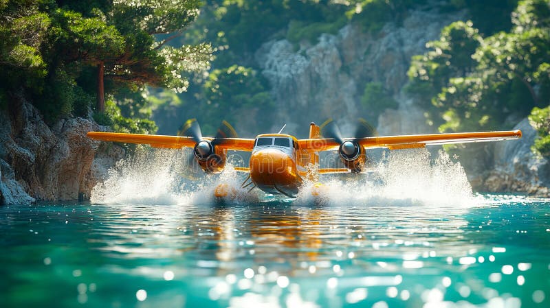 A Small Orange Plane is Taking Off from the Water Stock Image - Image ...