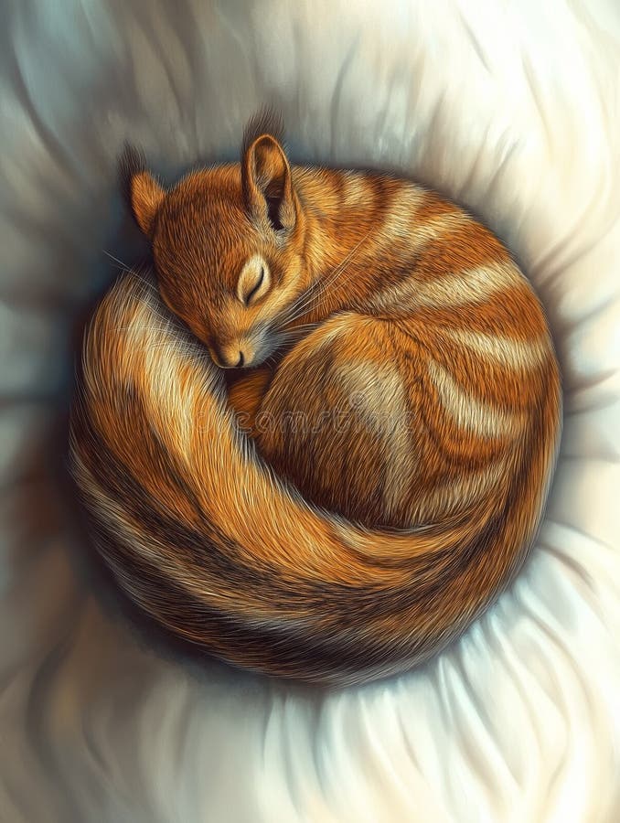 Cute Orange Striped Squirrel Curled Up Asleep on a Soft White Pillow in ...