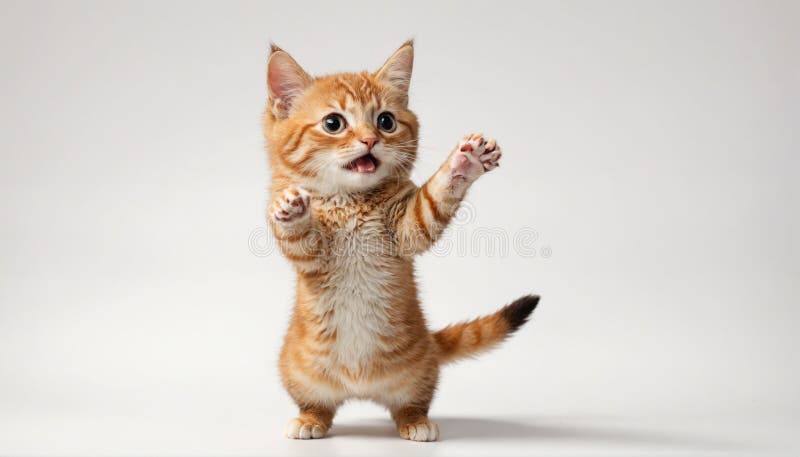 A Small Orange Tabby Kitten Stands on Its Hind Legs with Its Front Paws ...
