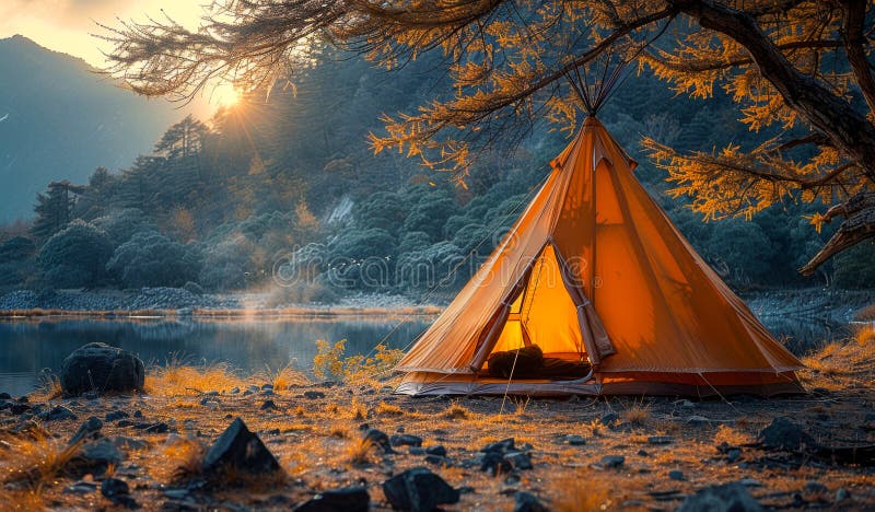 A Small Orange Teepee is Set Up in the Woods Stock Image - Image of ...