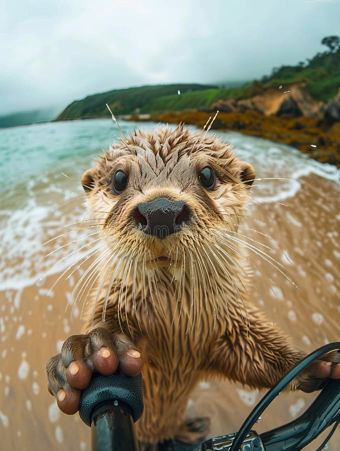 A Small Otter is Sitting on the Handlebars of a Bike on the Beach Stock ...