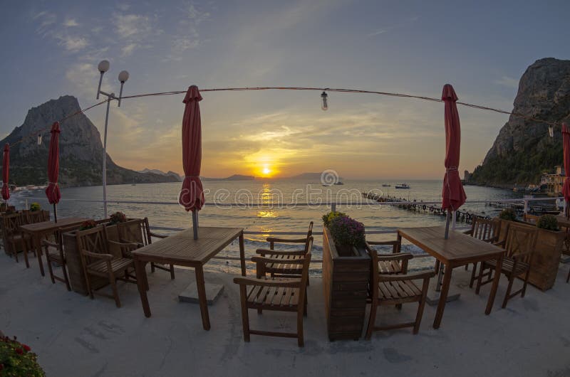 Small Outdoor Cafe on the Beach at Dawn. Stock Image - Image of pier ...