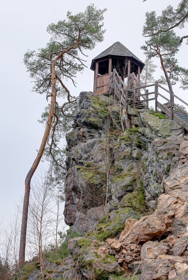 Small Outlook Tower in Form of Wooden Chalet on the Sharp Rock Stock ...
