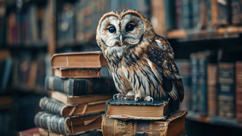 A Small Owl is Sitting on Top of a Stack of Books Stock Image - Image ...