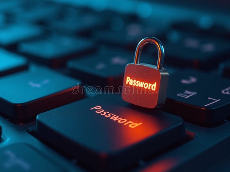 A Small Padlock with the Word Password Glows on a Dark Keyboard Stock ...